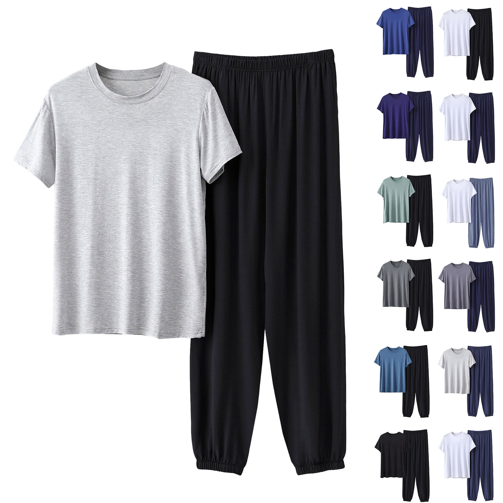 Akafmk Men's Solid Pajama Set Crew Neck Short Sleeve T-Shirt with ...