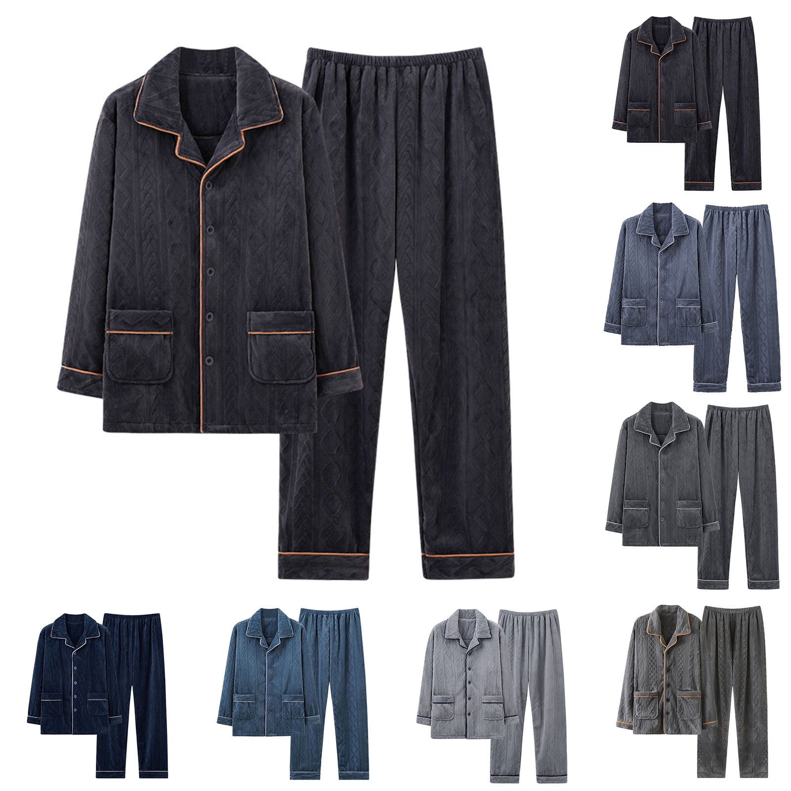 Akafmk Men's Solid Pajama Set Long Sleeve Button Down Collar Fleece ...