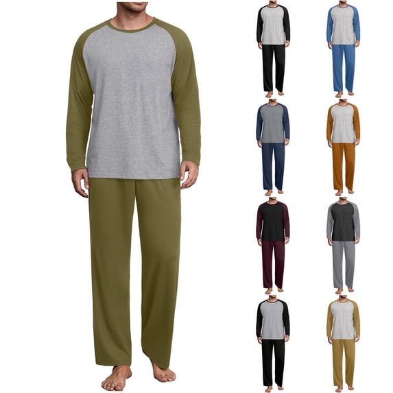 Akafmk Men's Solid Pajama Set Long Sleeve Crew Neck Raglan Colorblock ...