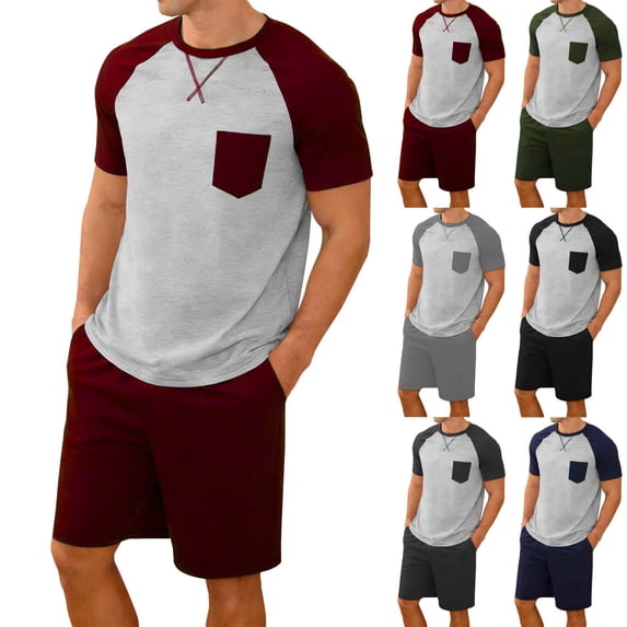 Akafmk Men's Solid Pajama Set Short Sleeve Raglan Colorblock with ...