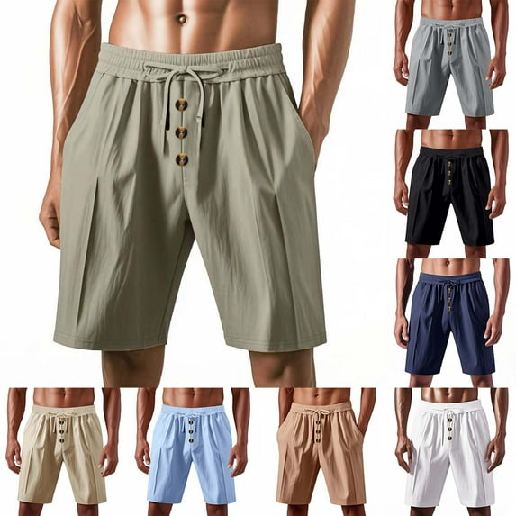 Akafmk Mens Beach Shorts Linen Elastic Waist Drawstring Button with ...