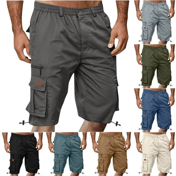 Akafmk Mens Cargo Shorts Solid Color Multi Pockets Leather Patch Button ...
