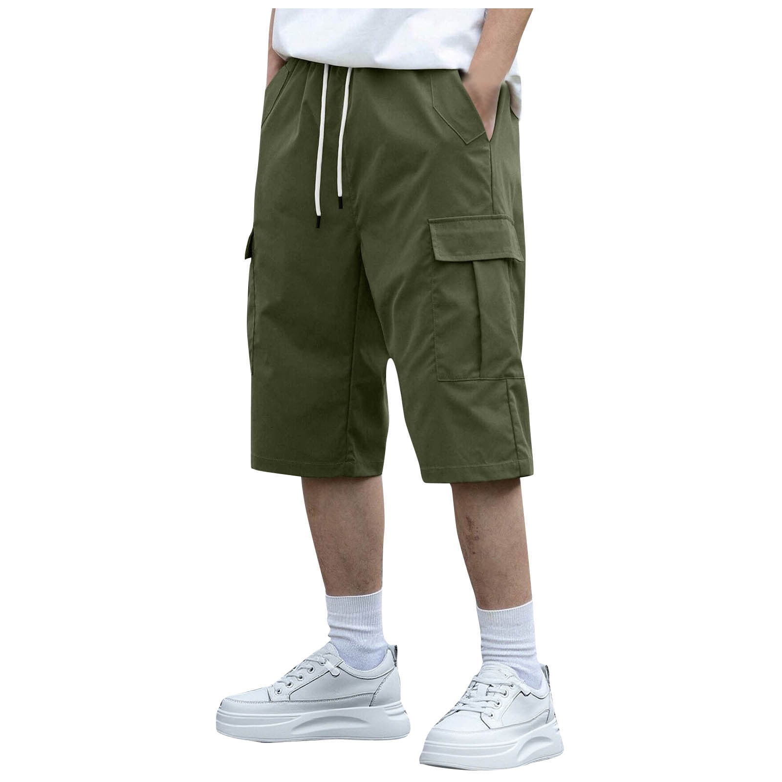Akafmk Mens Cargo Shorts Solid Color Strap with Pockets Outdoor Gym ...