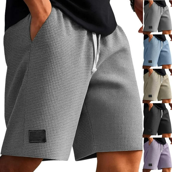 Akafmk Mens Waffles Knit Shorts Solid Color Casual Fashion Loose Lace ...