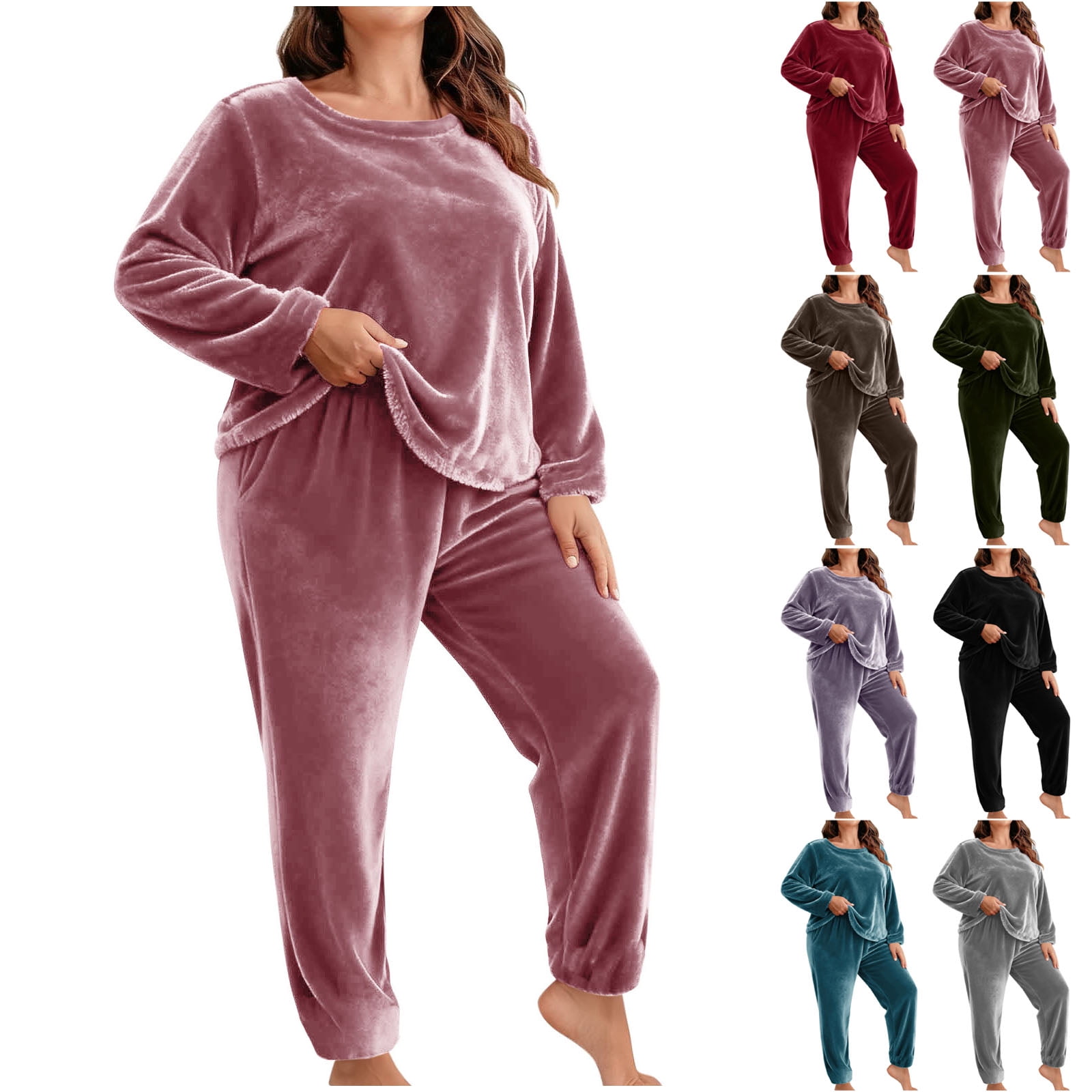 Akafmk Plus Size Fleece Pajama Sets for Women 2 Piece Long Sleeve ...