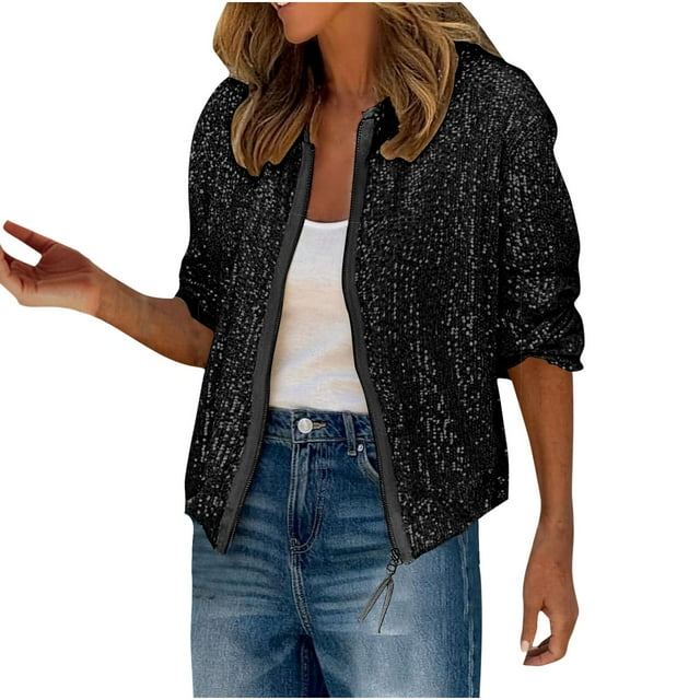 Akafmk Sequin Jacket for Women,Casual Jackets,Women's Casual Hoodless ...