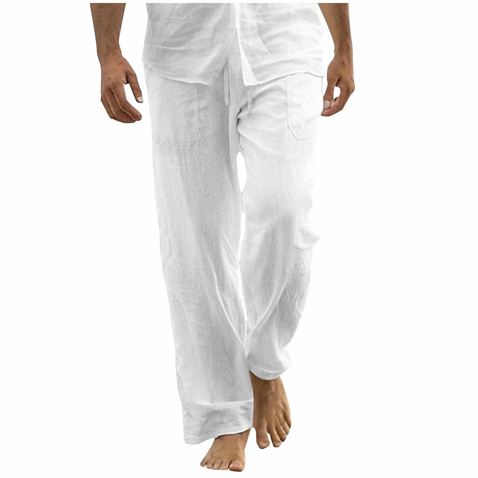 Akafmk Summer Men's Cotton Linen Pants Casual Lightweight Wide-Leg ...