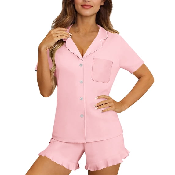 Akafmk Women's Button Down Pajama Set Short Sleeve Top with Shorts ...