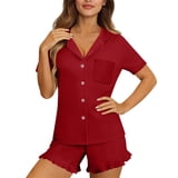 Akafmk Women's Button Front Pajama Set Short Sleeve with Shorts Cute ...