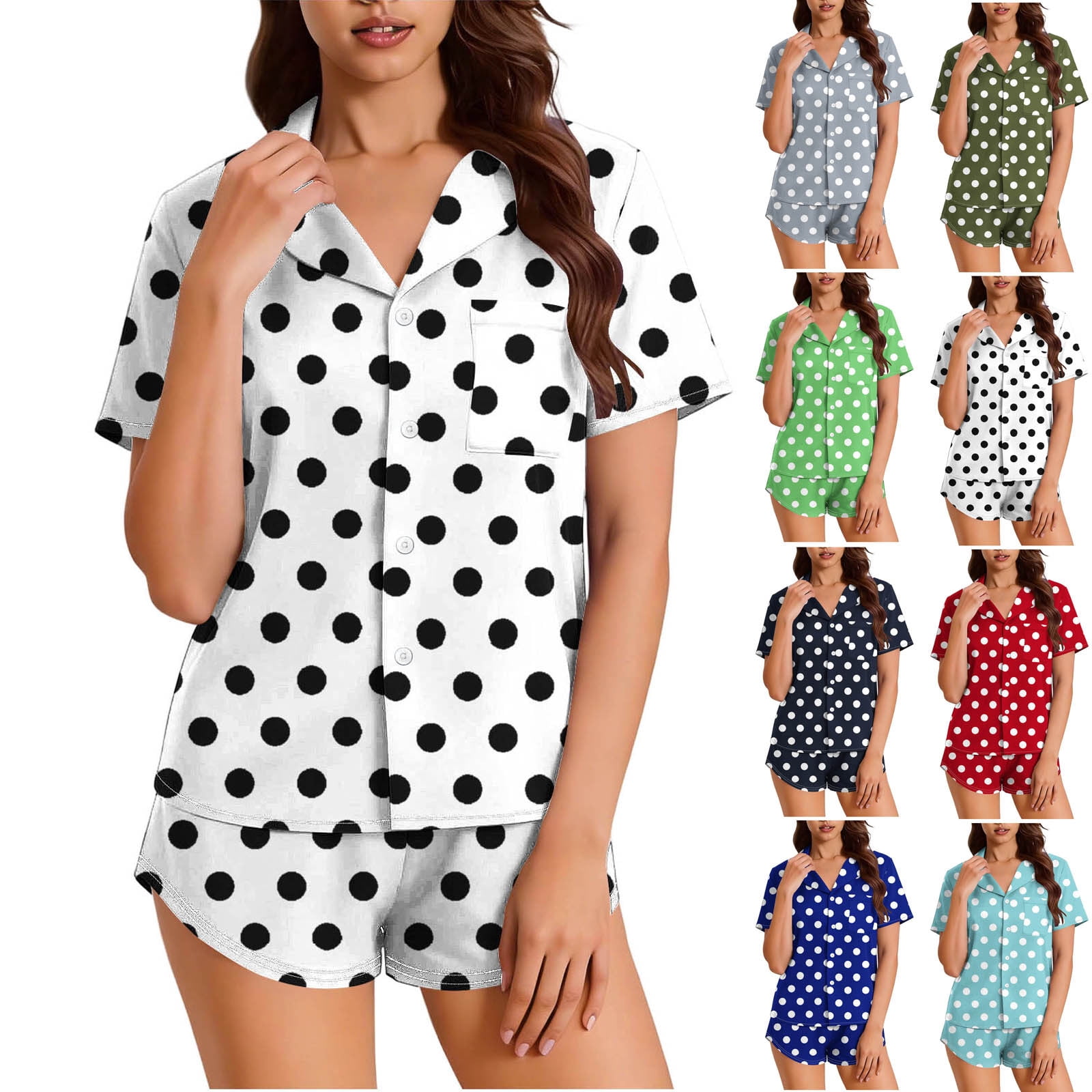 Akafmk Women's Polka Dots Pajama Set Short Sleeve Button Down Collar ...