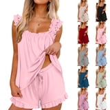 Akafmk Women's Solid Pajama Set Crew Neck Sleeveless Ruffle Hem Top ...
