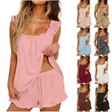 Akafmk Women's Solid Pajama Set Crew Neck Sleeveless Ruffle Hem with ...