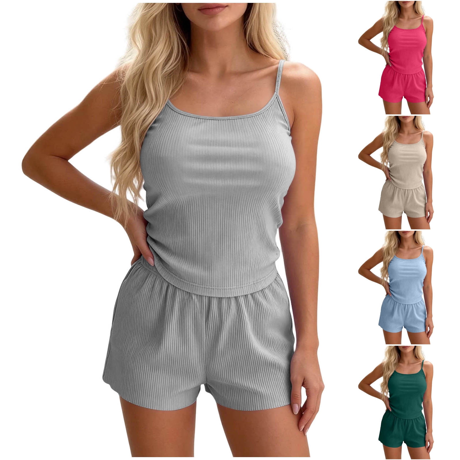 Akafmk Women's Solid Pajama Set Crew Neck Slim Fitting Camisole with ...