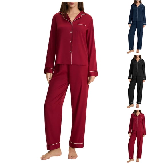 Akafmk Women's Solid Pajama Set Long Sleeve Button Down Collar Cardigan ...