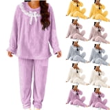 Akafmk Women's Solid Pajama Set Long Sleeve Lace Fleece Ribbed with ...