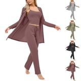 Akafmk Women's Solid Pajama Set Sleeveless Camisole Cardigan with Long ...