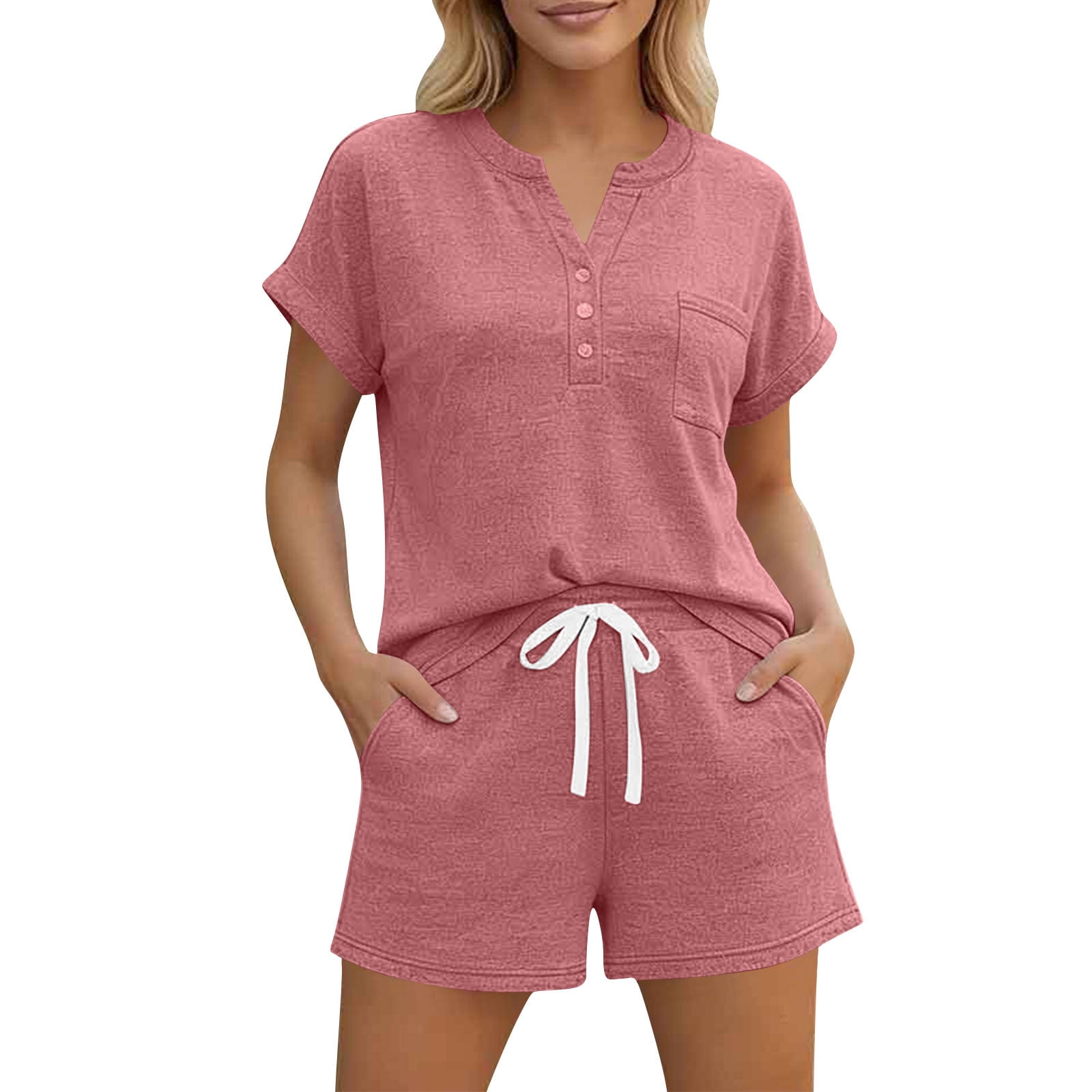 Akafmk Women's V Neck Pajama Set Short Sleeve Drawstring Shorts Summer ...