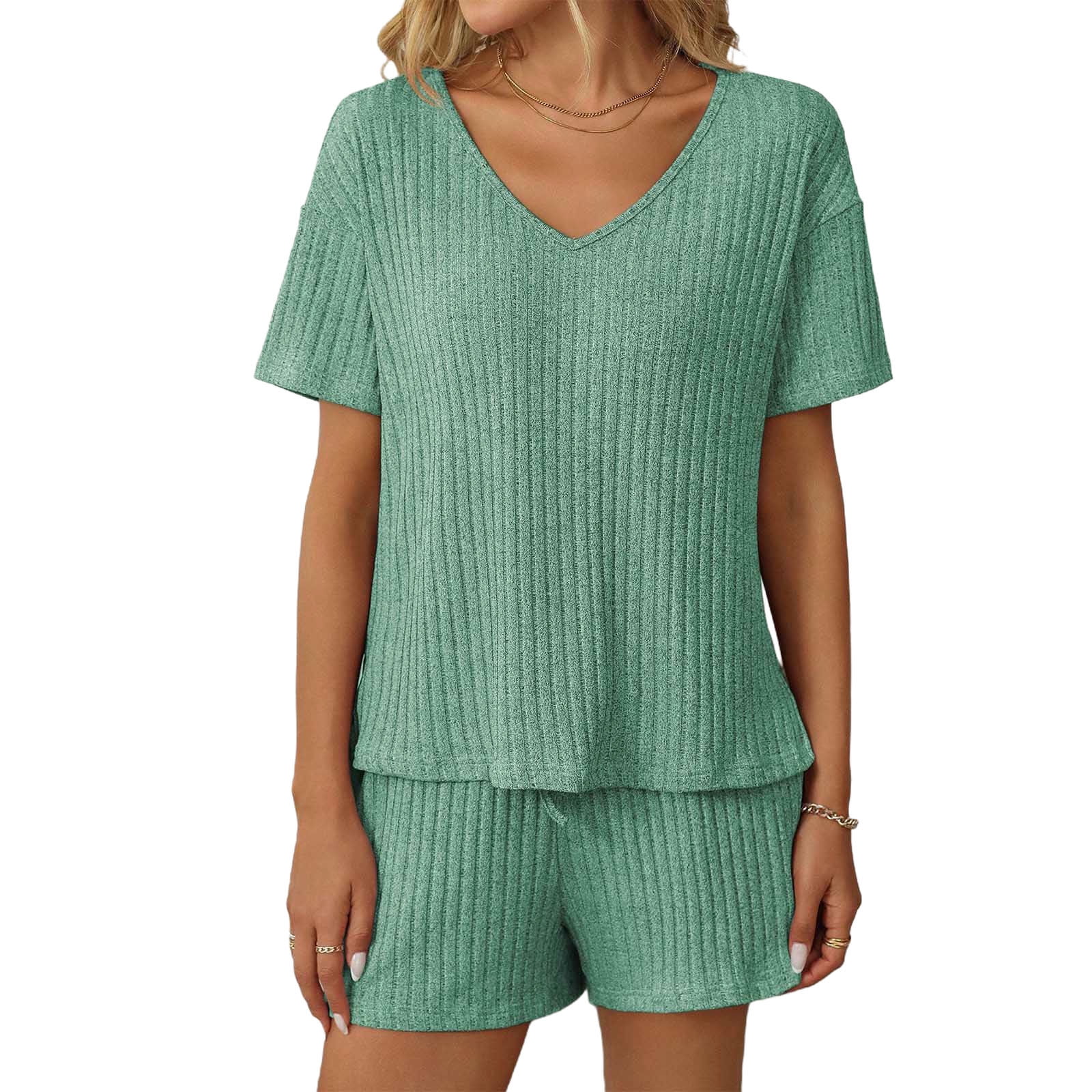 Akafmk Women's V Neck Pajama Set Short Sleeve Ribbed Knit Drawstring ...