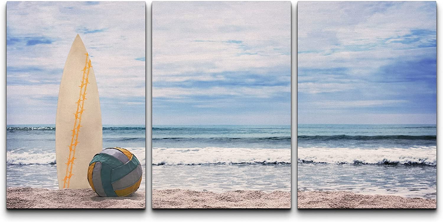Akania Canvas Print Wall Art Set Volleyball & Surfboard on The Beach ...