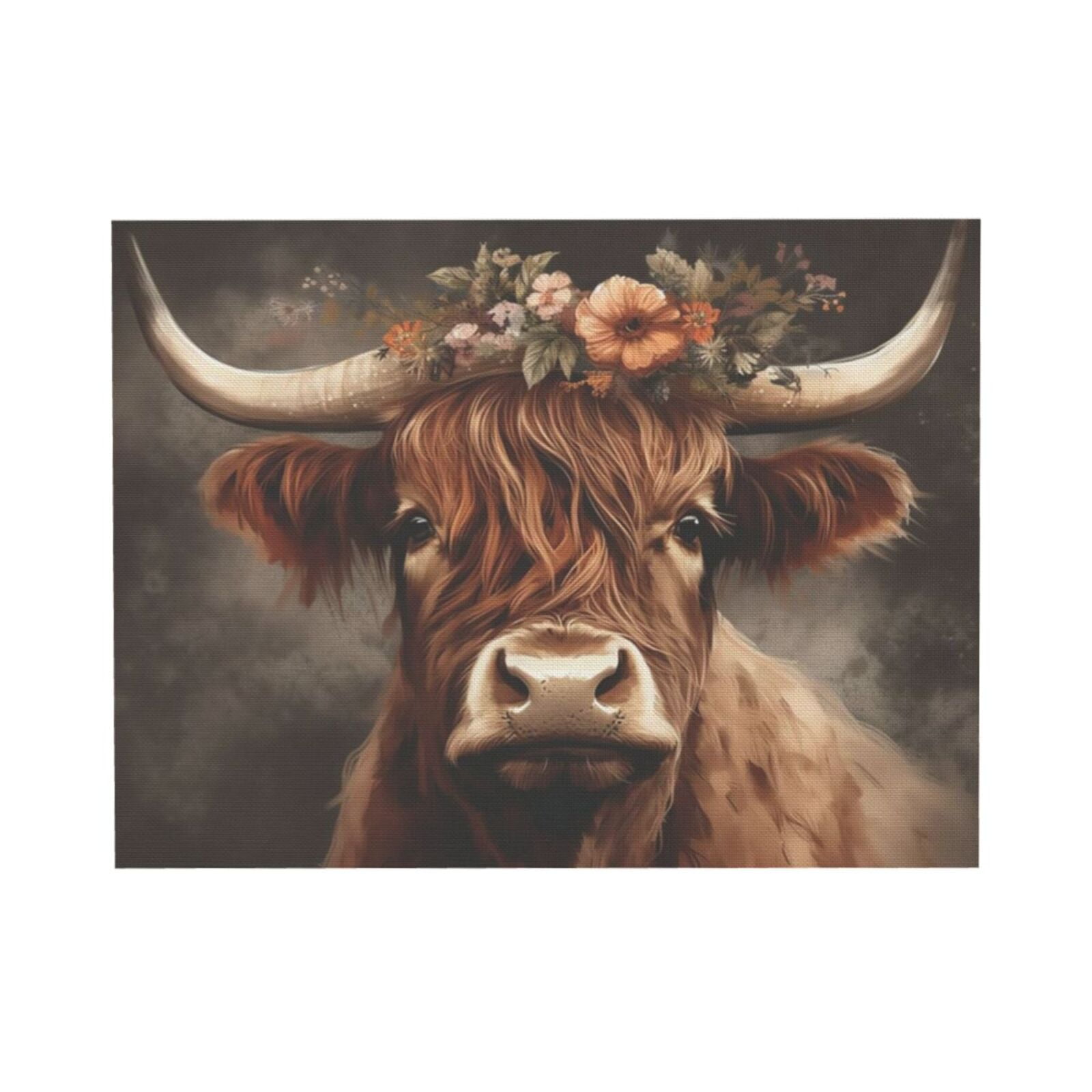 Akania Coastal Boho Farmhouse Highland Cow Flower Canvas Wall Art ...