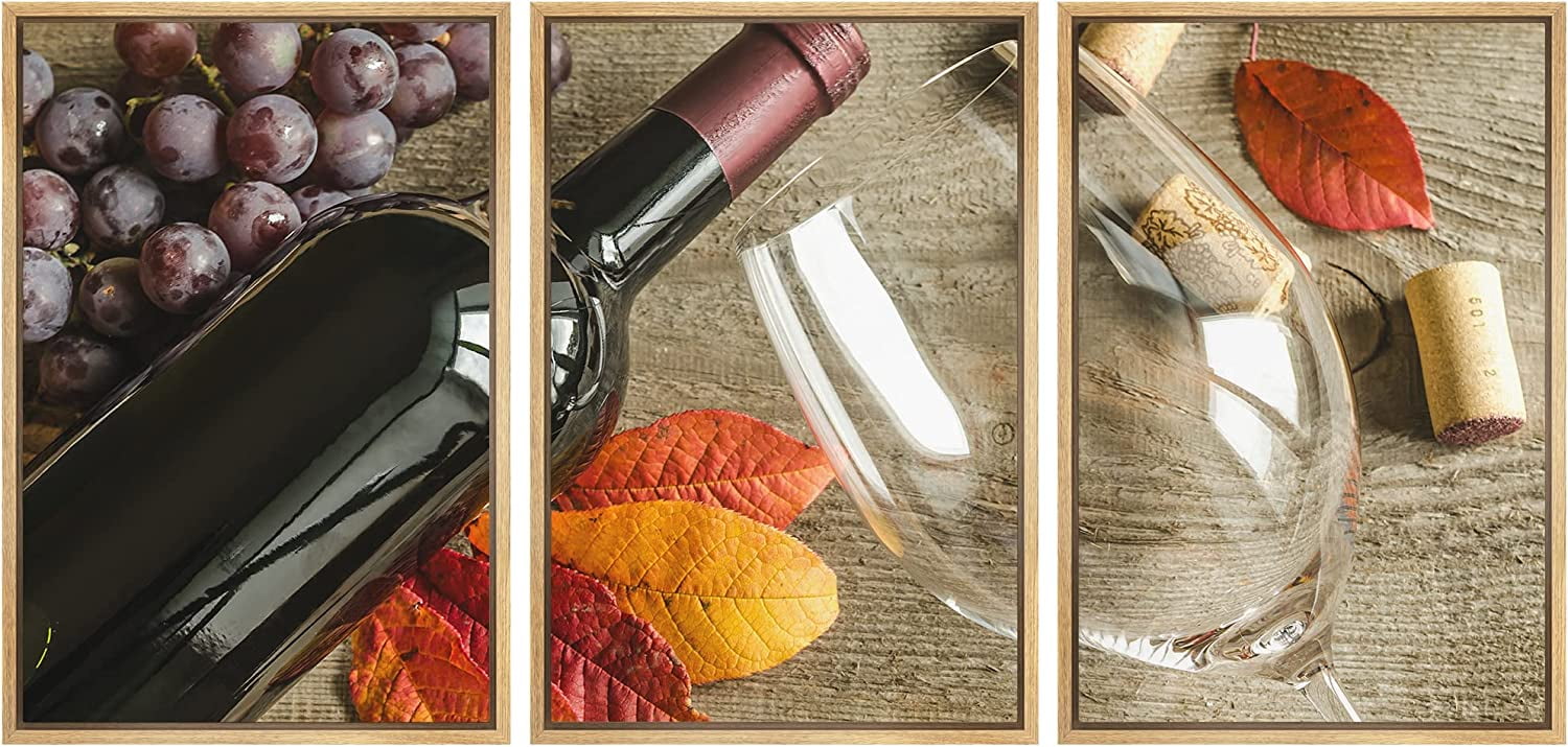 Akania Framed Canvas Print Wall Art Set Wine Glass with Bottle & Grapes ...