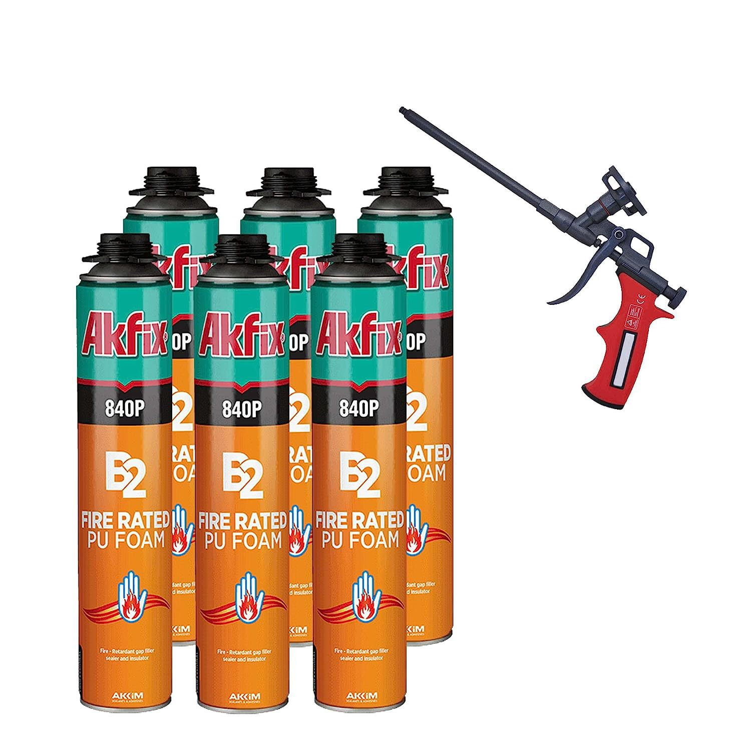 Akfix 840P Fire Rated Polyurethane Gun Foam 25.3 oz-6 Pack+Spray Gun ...