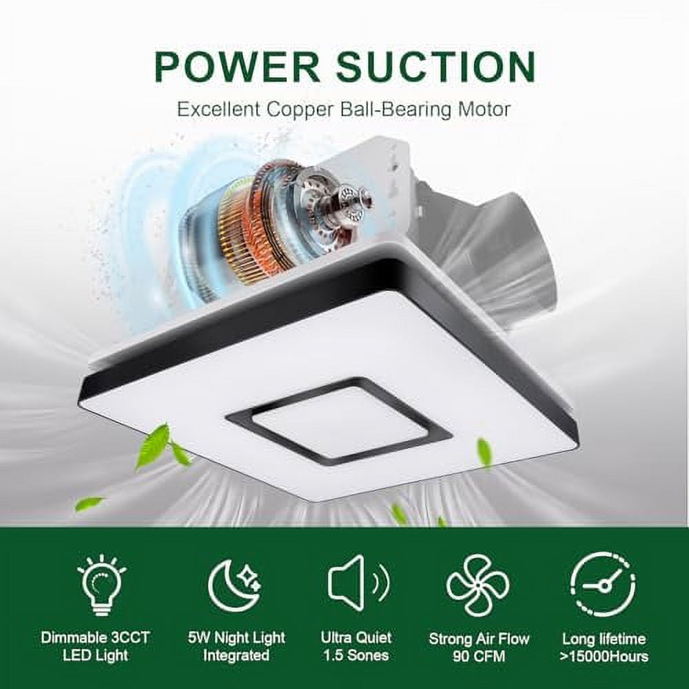 Akicon Exhaust Fan, 90 CFM, 1.5 Sones Bathroom Fan Light Combo, 15W ...