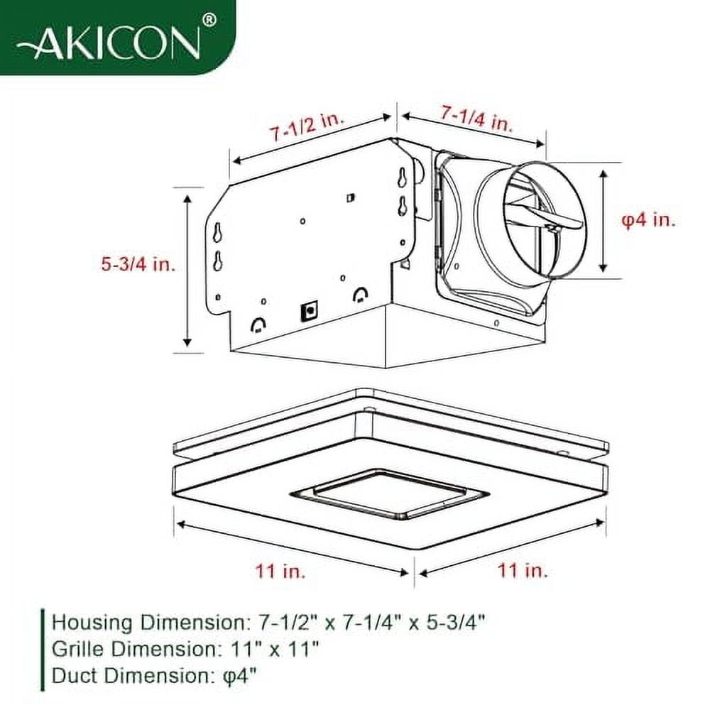 Akicon Exhaust Fan with Light, 90 CFM 1.5 Sones Bathroom Fan with light ...