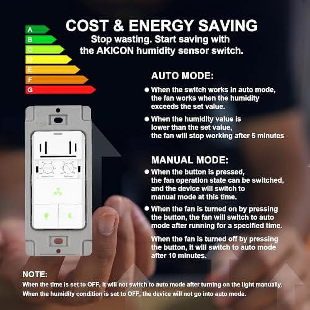 Akicon Humidity Sensor and Fan Light Switch for Bathroom Exhaust Fan ...