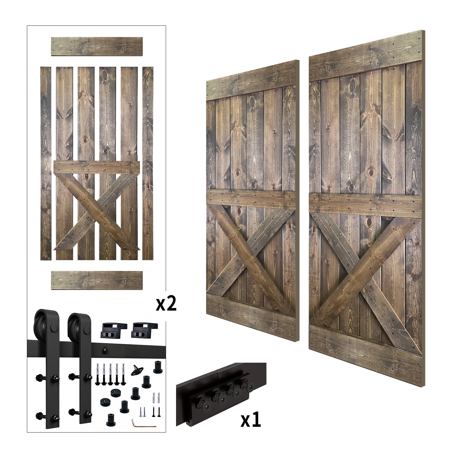 Akicon Paneled Wood Dark Brown Barn Door with Hardware Kit-Double Door ...