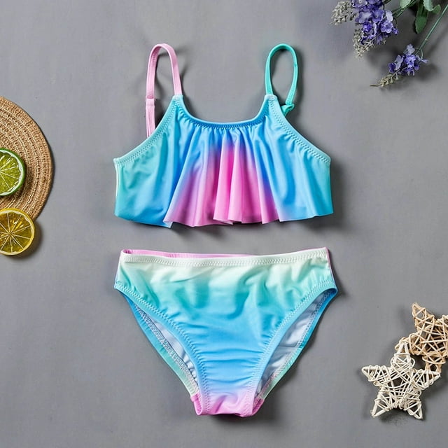 Akiihool Girl Swimsuit Girls Ribbed Knit Contrast Binding Bikini