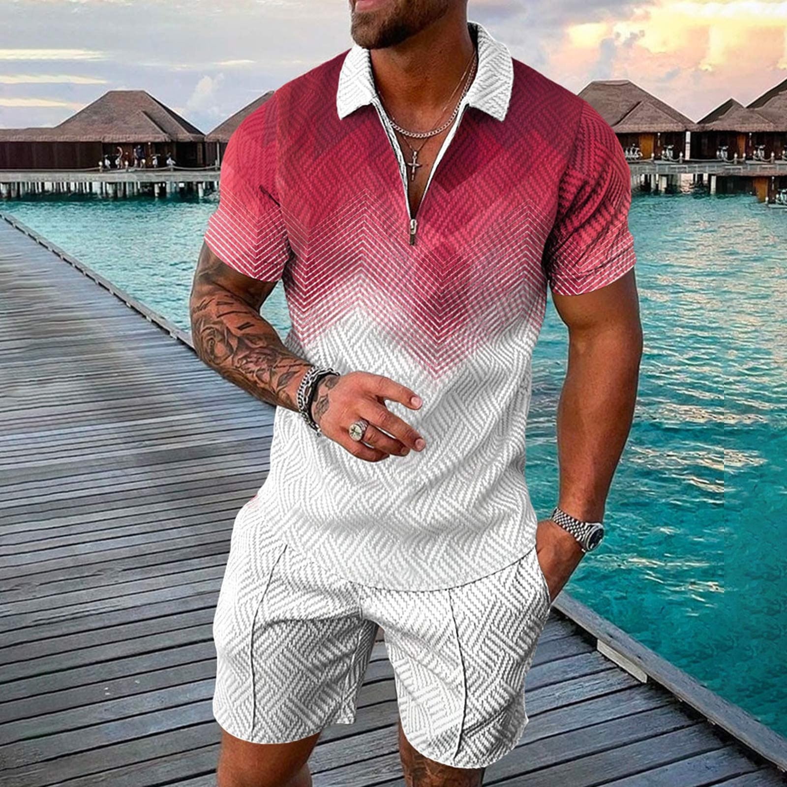 Akiihool Short Sets Men 2 Piece Outfits Vacation Men's Short Sets Summer Tracksuit Short Sleeve ...