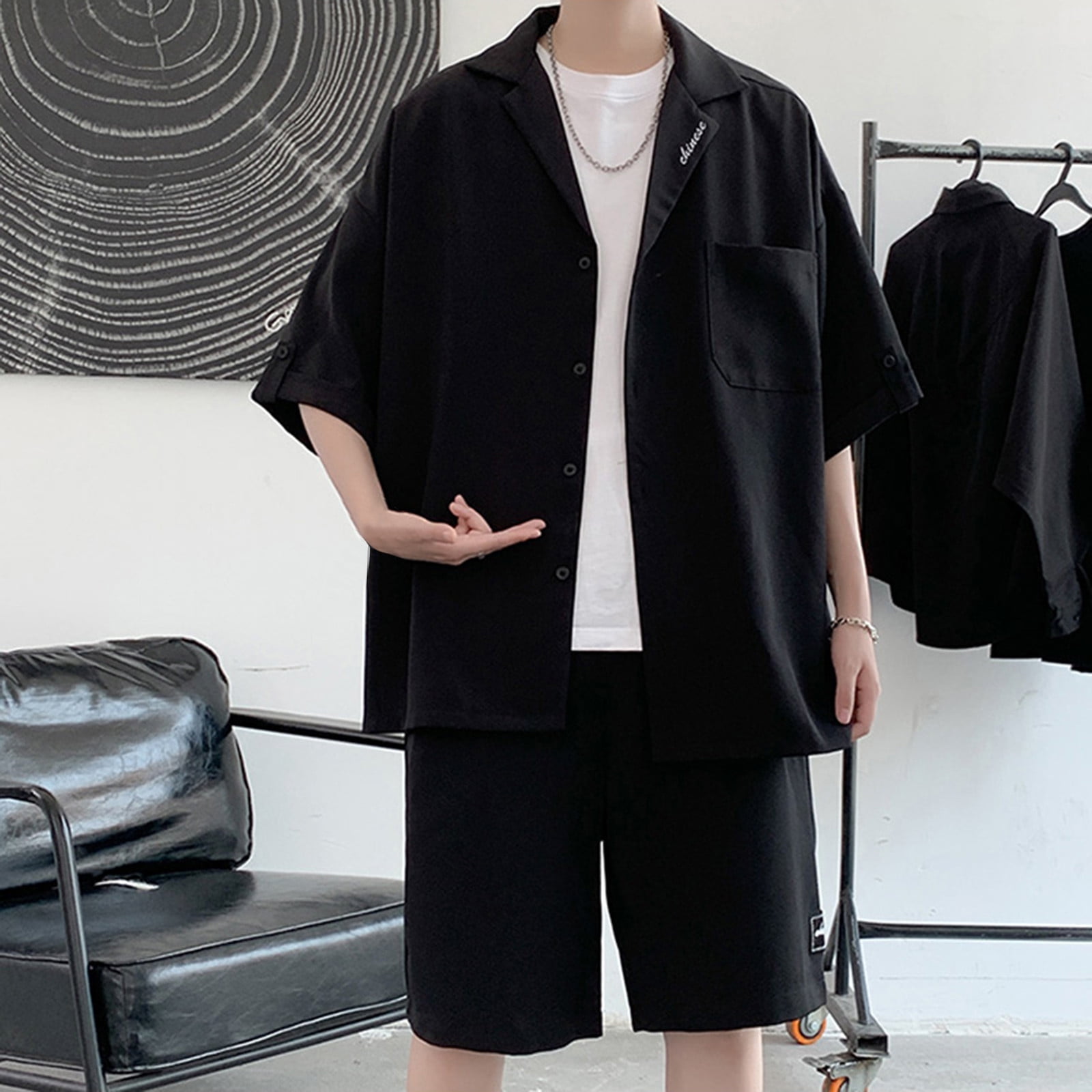 Akiihool Short Sets Mens Outfits Button Down Shirt and Shorts Set Summer Beach Tracksuit (Black ...