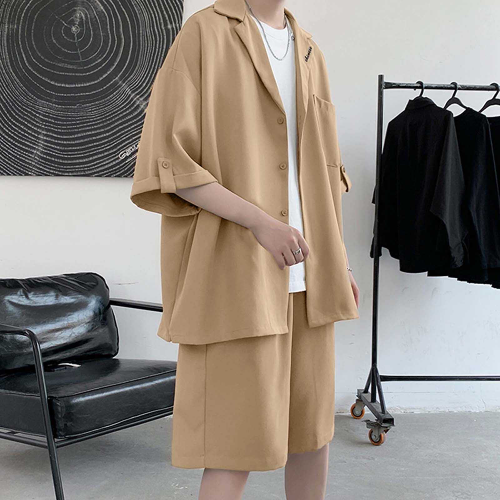 Akiihool Short Sets Mens Outfits Button Down Shirt and Shorts Set Summer Beach Tracksuit (Khaki ...