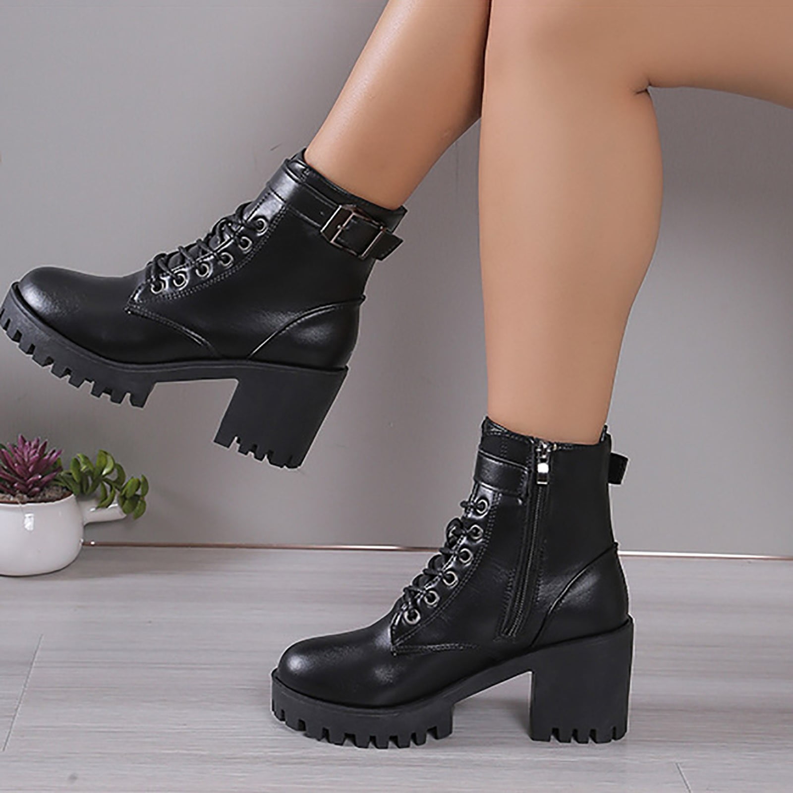 Akiihool Women's Ankle Boots Wide Women Lug Sole Low Heel Ankle Boots V ...