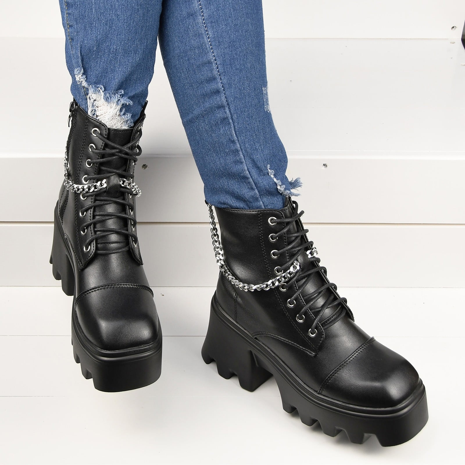 Akiihool Work Boots for Women Womens Pointed Toe Stacked Mid Heel High ...