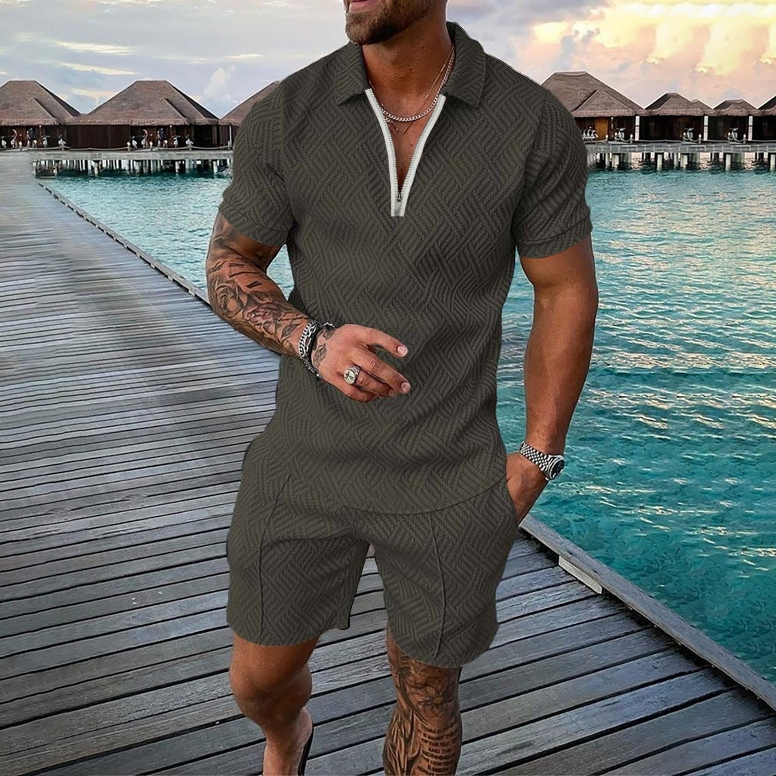 Akiihool Workout Short Set Men's Casual 2 Piece Summer Short Sleeve Suit Shorts Suit Beach Men's ...
