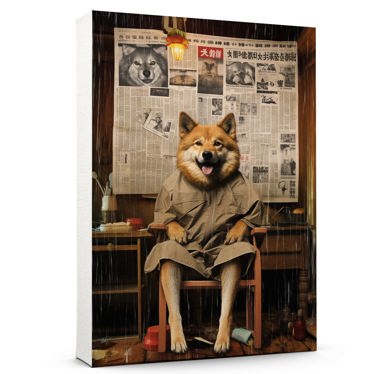 Akita Dog Read Newspapers Sitting Poster Prints on Canvas - Wall Decor ...