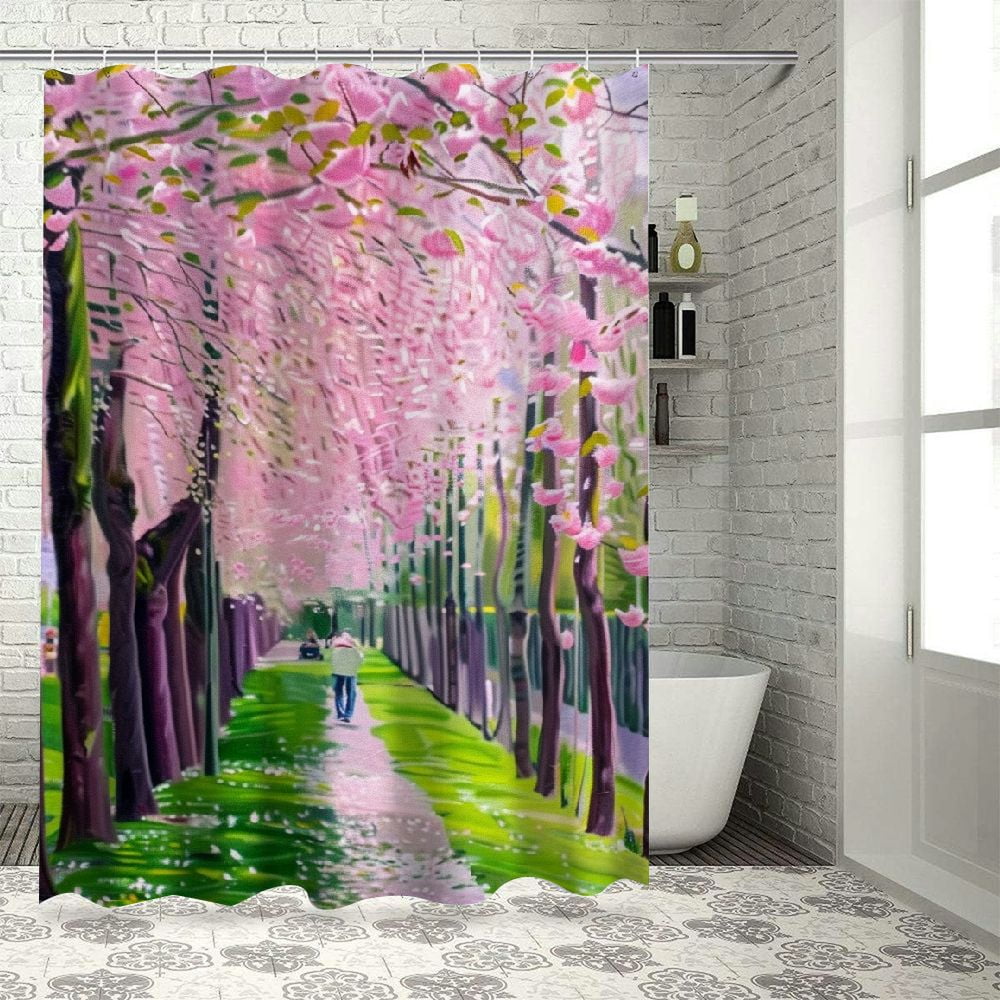 Akjvoe Blossom Tree Spring Shower Curtain Set Walkway Flowering Trees ...