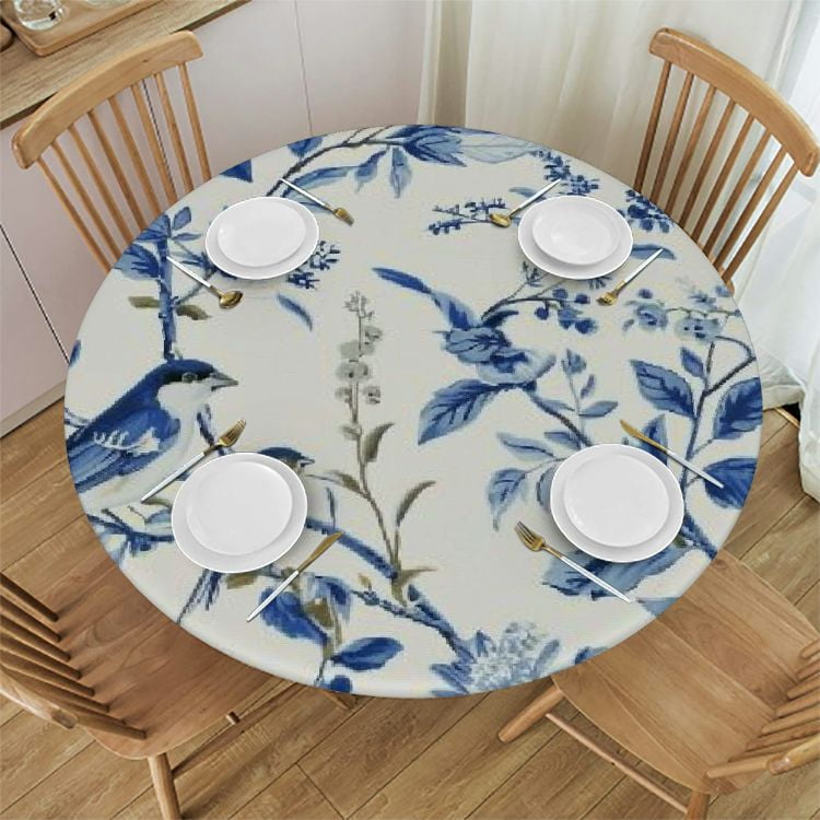 Akjvoe Blue Floral Tablecloth Round Wrinkle Free Flower Tablecloth ...