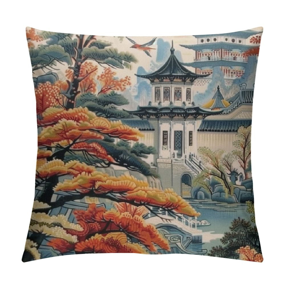Akjvoe Blue Pagoda Coral Pink Flower Throw Pillow Cover Garden Scenery ...