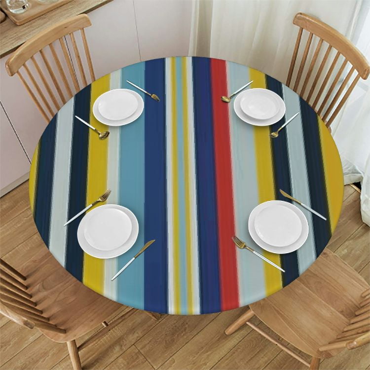 Akjvoe Blue Yellow Striped Round Tablecloth, Fitted Table Cover with ...
