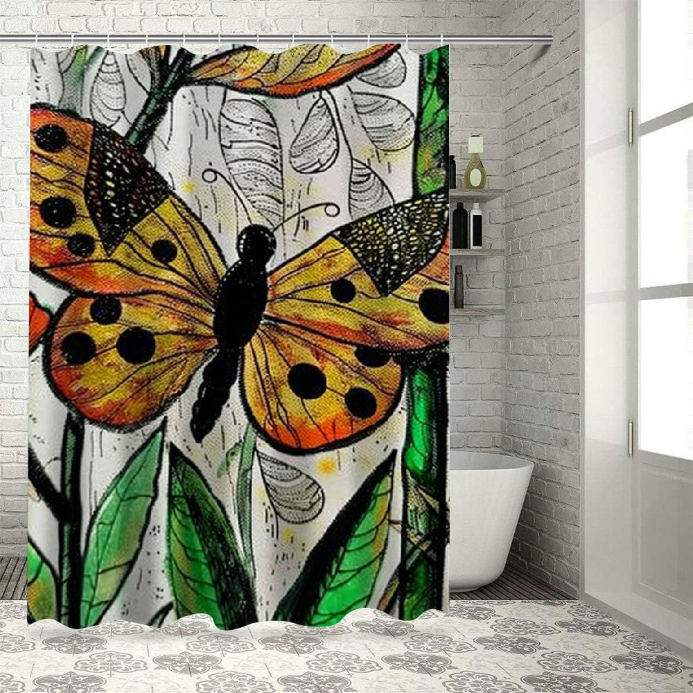Akjvoe Fabric Bathroom Curtain Blue Floral Old Colorful Abstract Black Blocks Flower Butterfly ...
