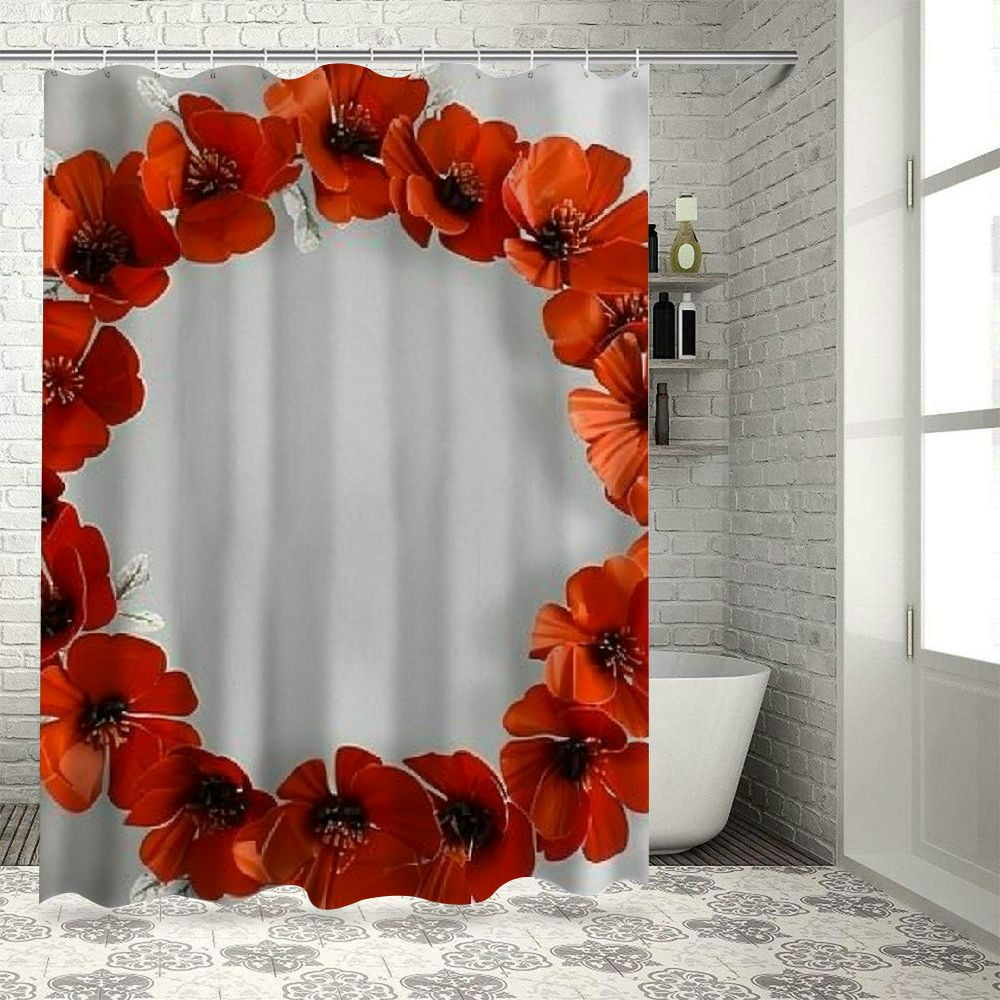 Akjvoe Fabric Bathroom Curtain Colorful Remembrance Wreath Red Poppies ...