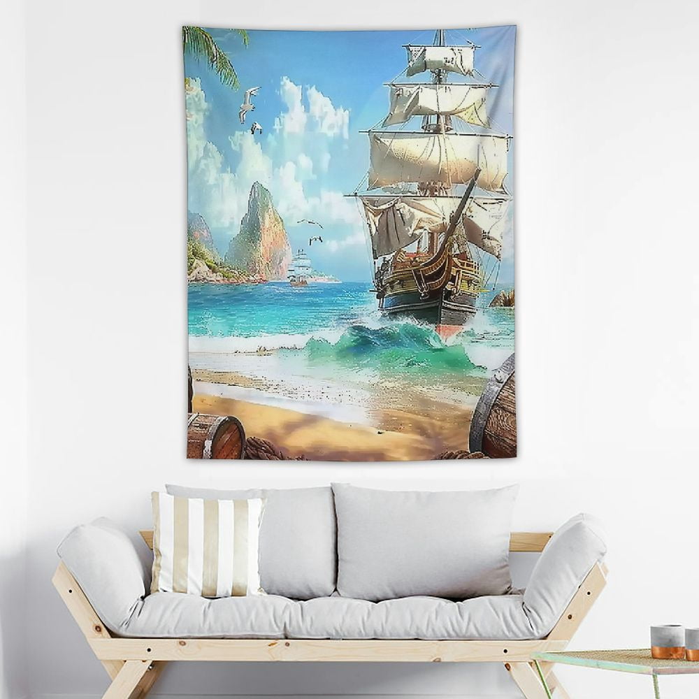 Akjvoe Fabric Beach Island Theme Backdrop Barrels Ocean Sailing Boat s ...