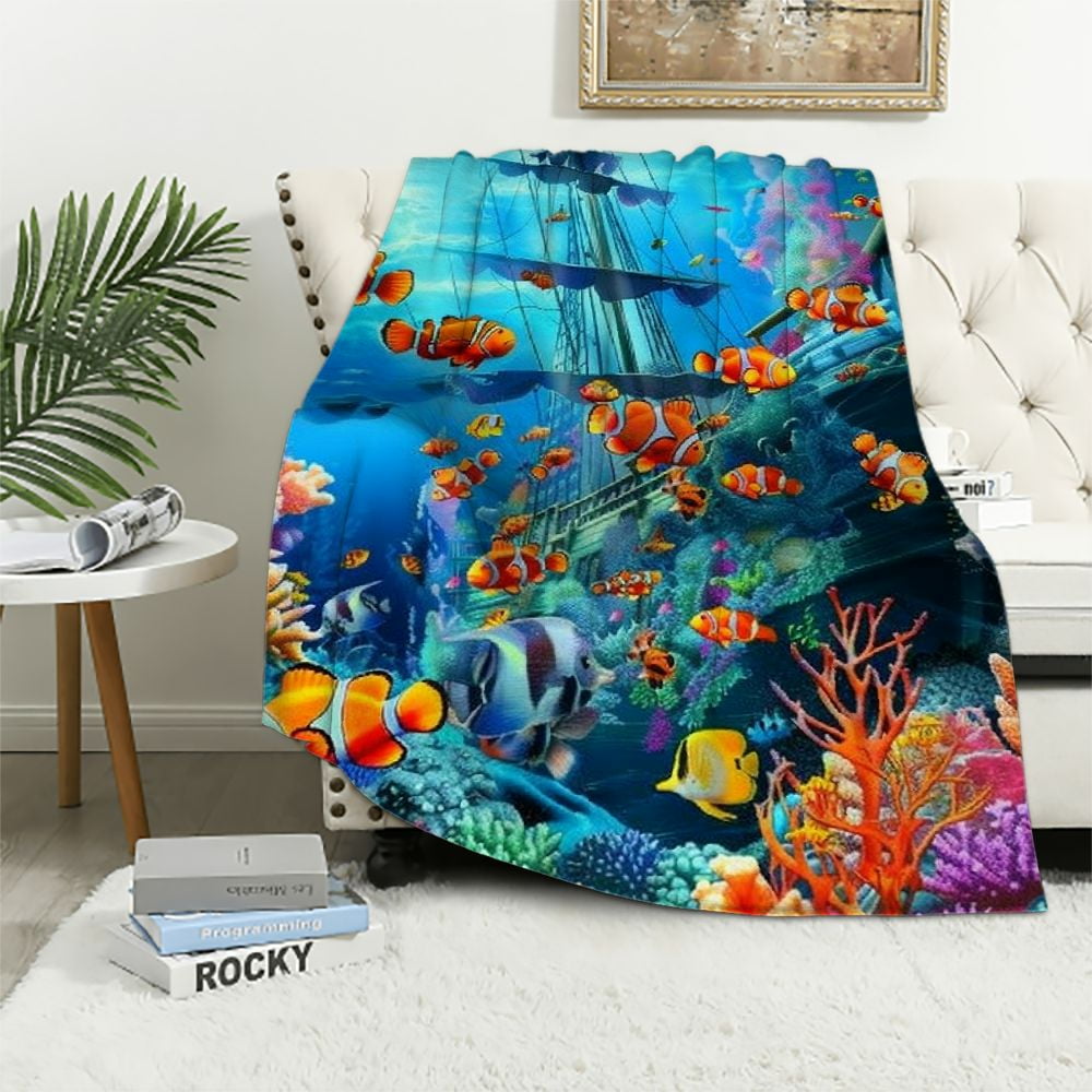 Akjvoe Fish Throw Blanket Painting Undersea Coral Reef Bubbles Colorful ...