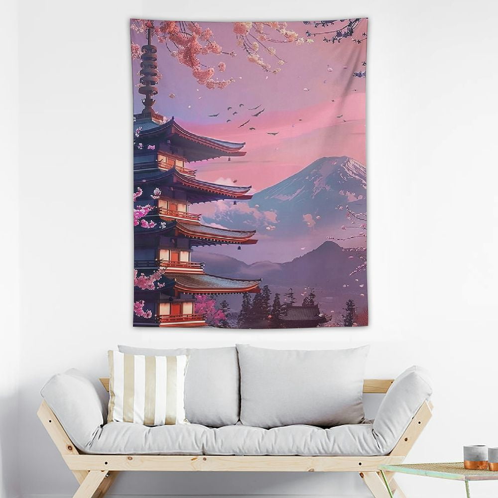 Akjvoe Japanese Tapestry Cherry Blossom Mount Fuji Pink Landscape ...