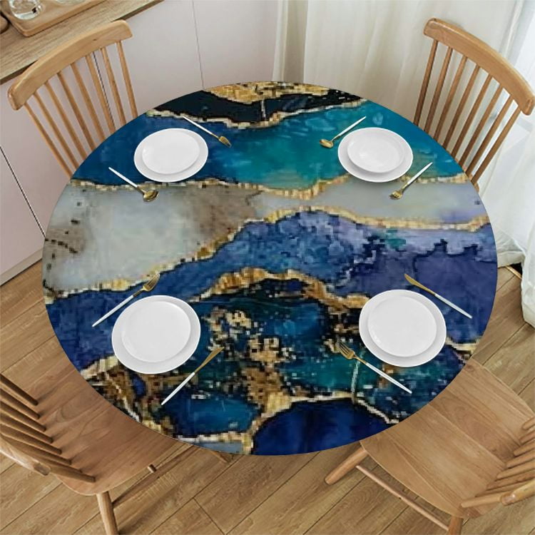 Akjvoe Marble Blue Table Cloth Wavy Textures Gold Foil Art Round ...