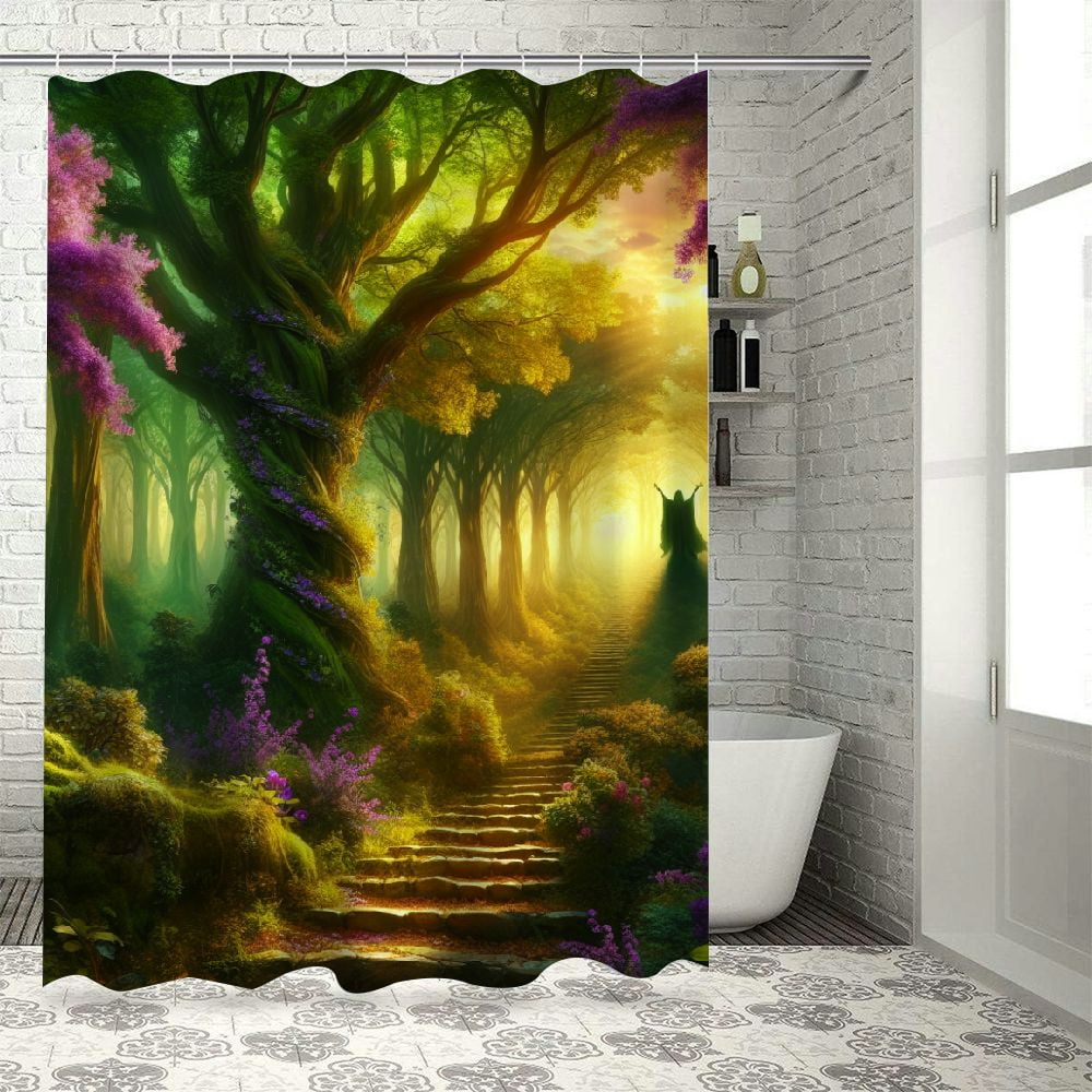 Akjvoe Misty Forest Trail Shower Curtain Natural Tree Hole Purple ...