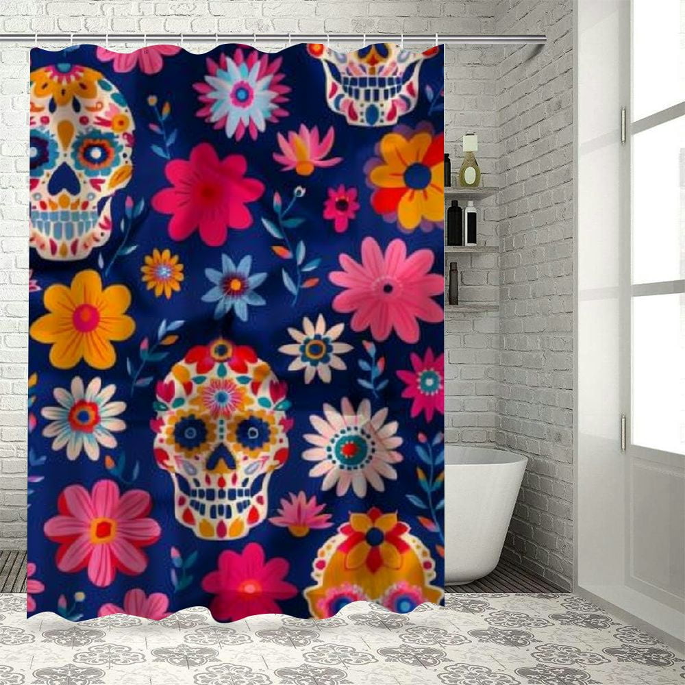 Akjvoe Red Kawaii Cute Cartoon Sugar Skulls Shower Curtain Set Machine Washable Waterproof